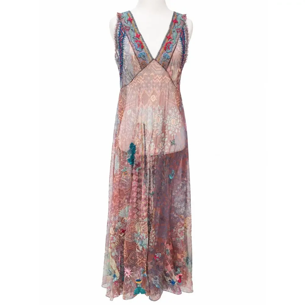 Johnny Was | Dresses | Johnny Was Biya Embroidered Mesh Maxi Dusty ...